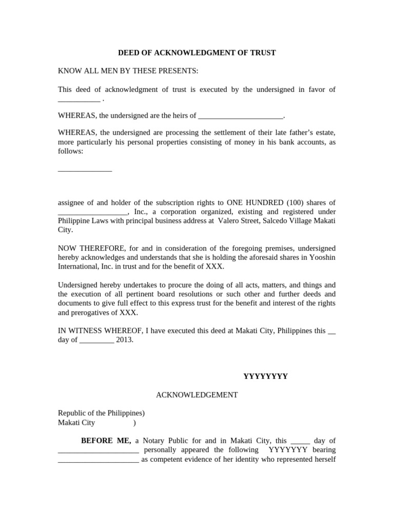 Trust Acknowledgment Deed Template | PDF | Law