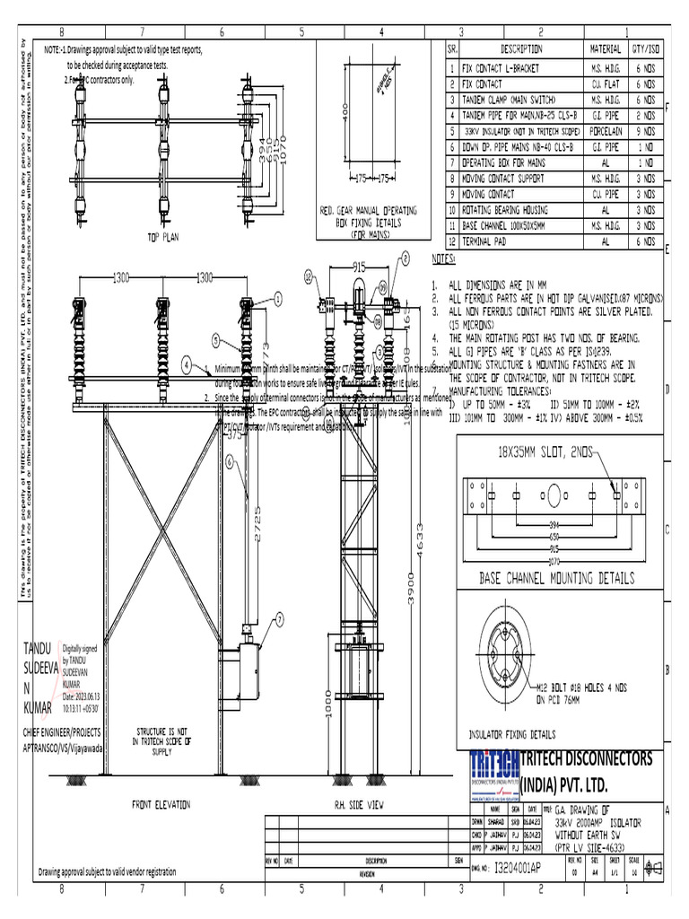 33 KV 2000 A PTR LV Side Turn Twist Type Isolator Tritech 1 | PDF