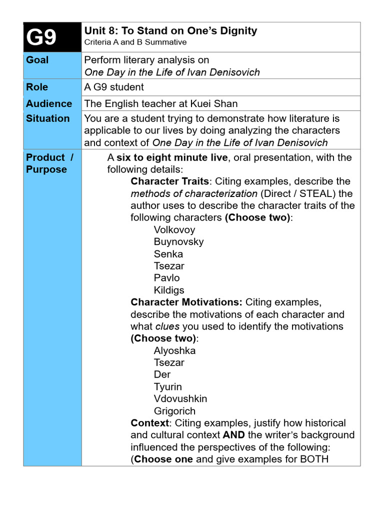 KSS MYP G9 L L Eng Unit8 To Stand On One S Dignity Summative TSC | PDF