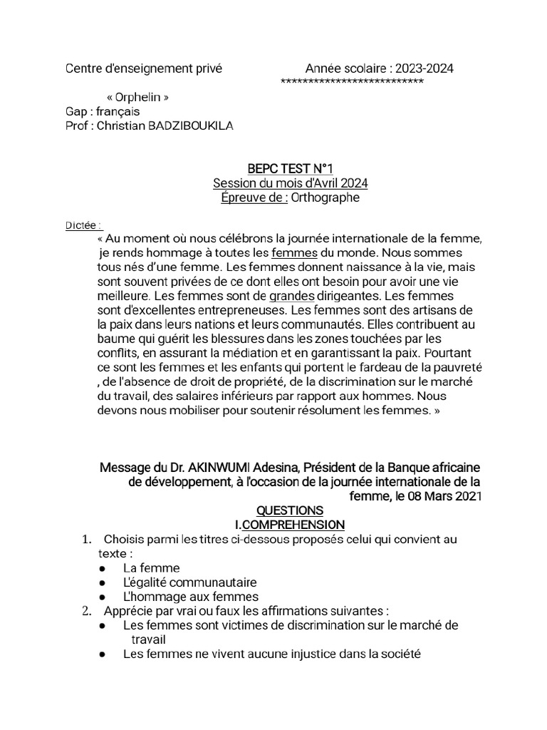 Bepc Test N°1 | PDF