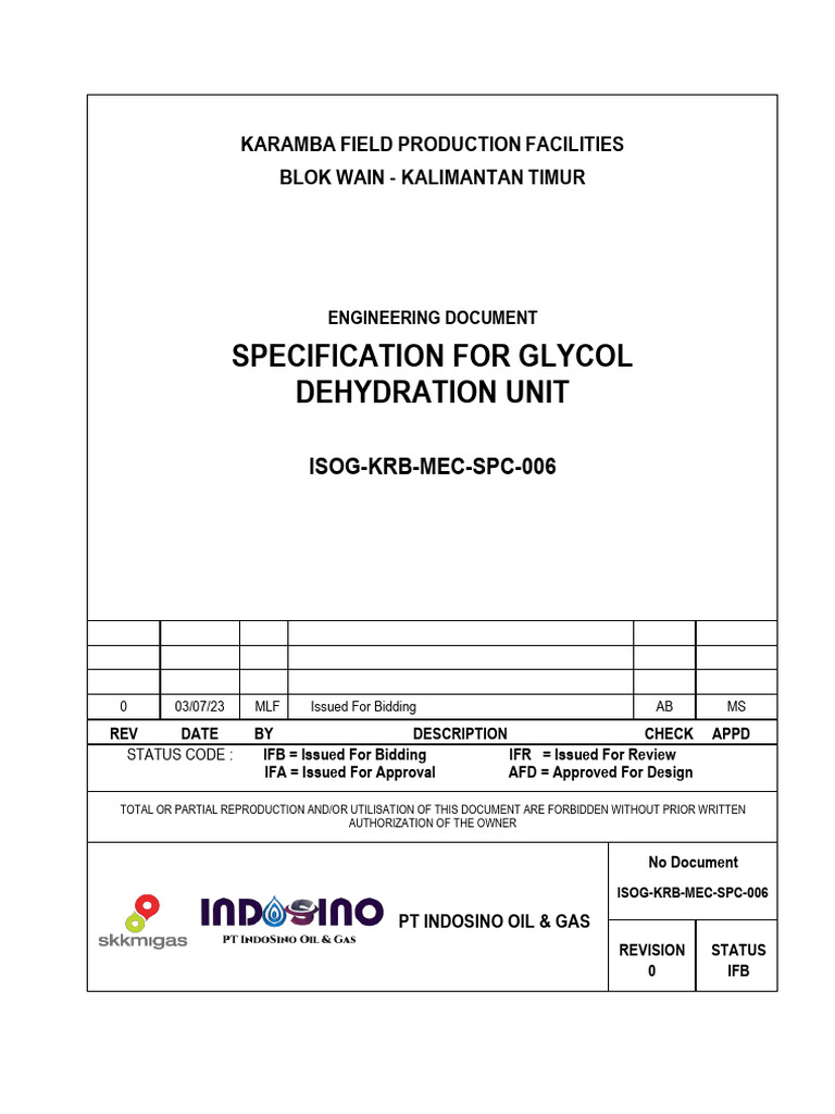 Specification For Glycol Dehydration Unit: ISOG-KRB-MEC-SPC-006 | PDF