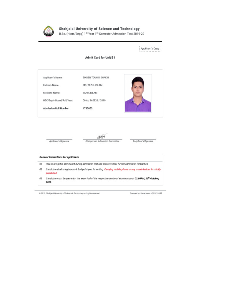 SUST Admit Card 2019 20 | PDF