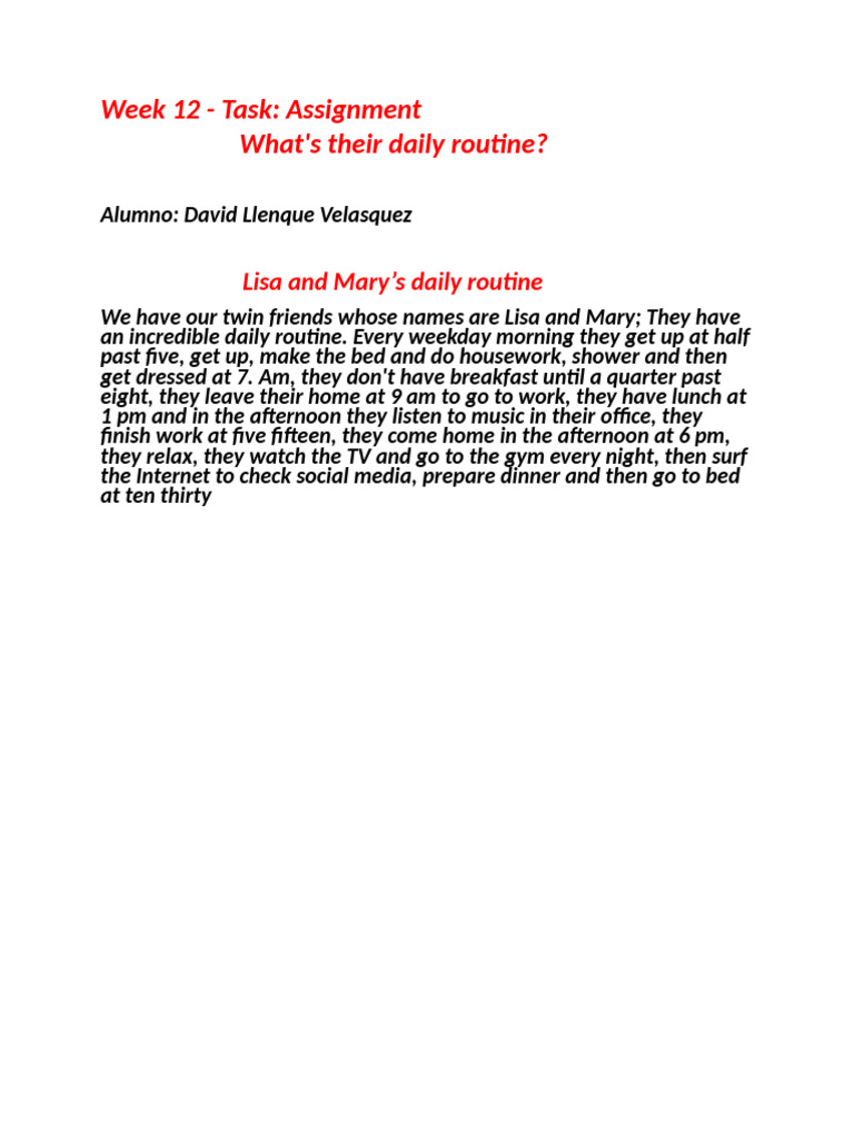 Week 12 - Task Assignment – What's Their Daily Routine David LLenque | PDF