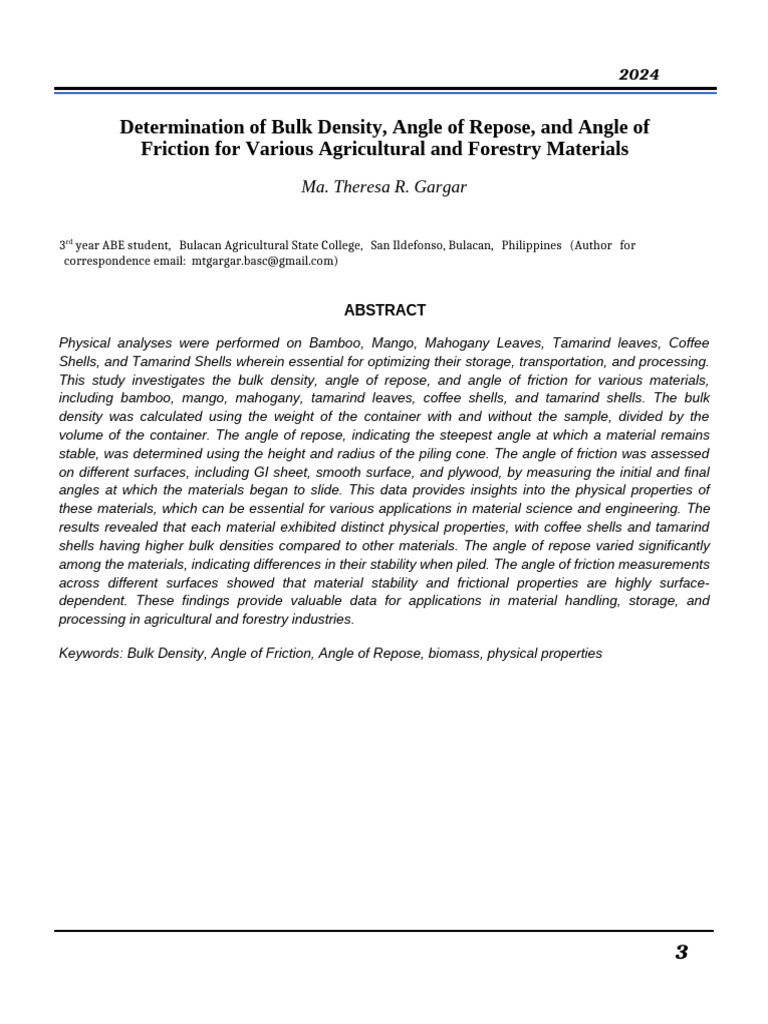 Determination Of Bulk Density Angle Of Repose And Angle Of Friction