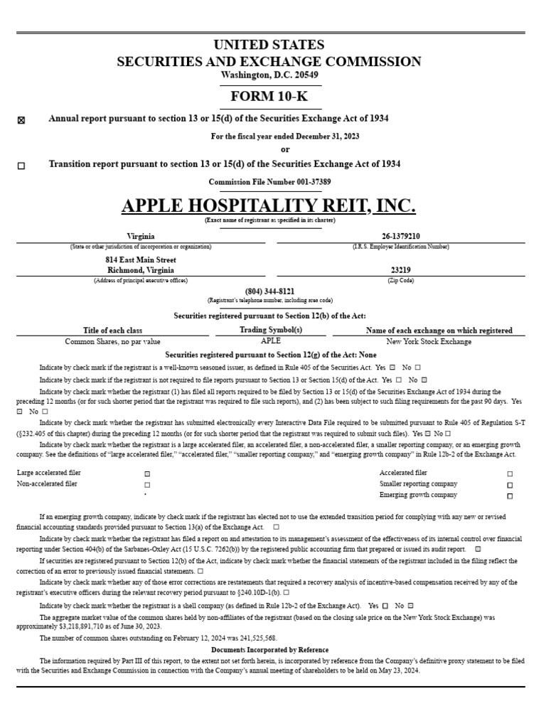 Apple Hospitality Reit, Inc.: United States Securities and Exchange ...