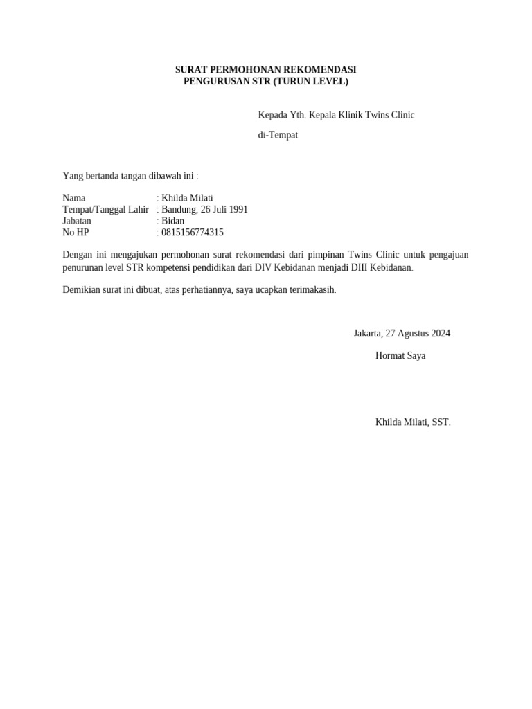Salinan Contoh Surat Permohonan STR Turun Level | PDF