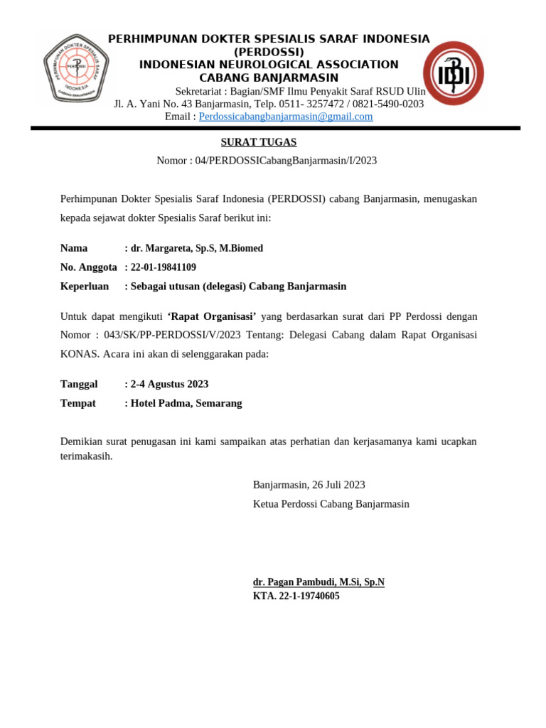 DRAFT SURAT TUGAS KONAS Dr. Margareta | PDF