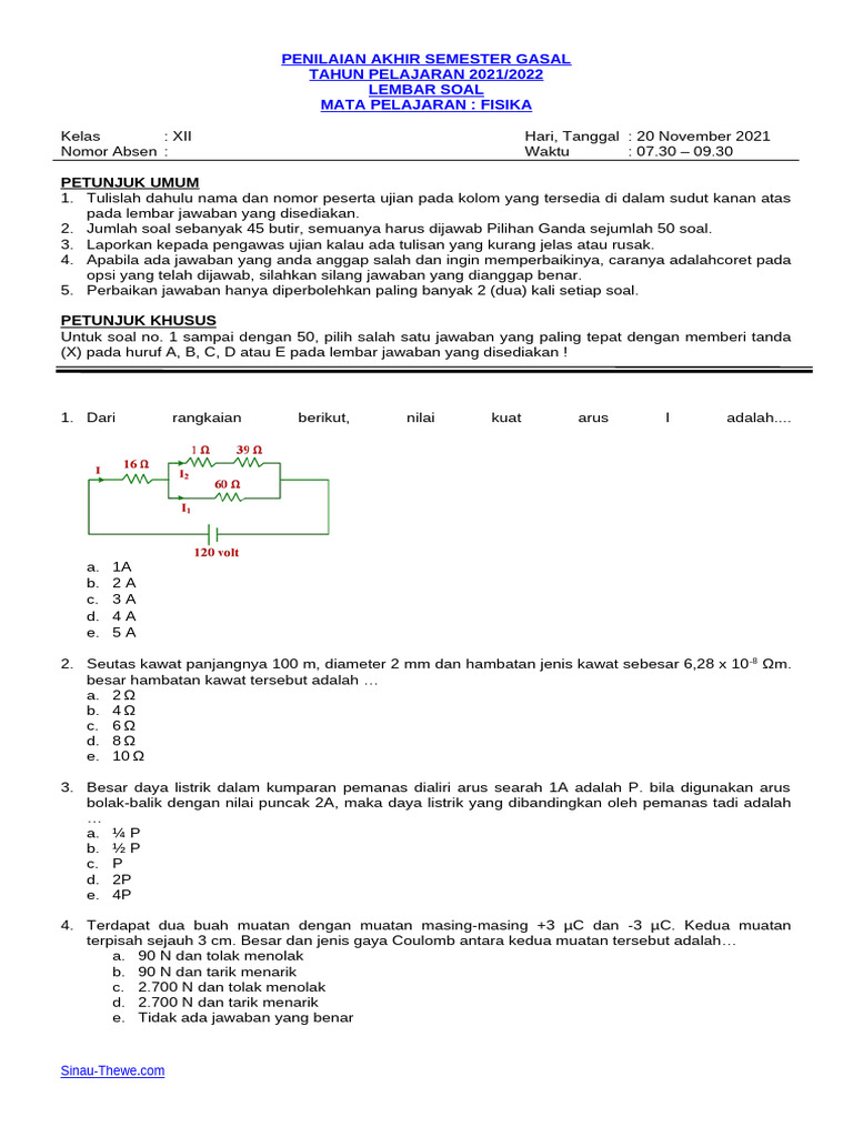 Soal PAS Semester 1 Kelas 12 Fisika Tahun 2021 | PDF