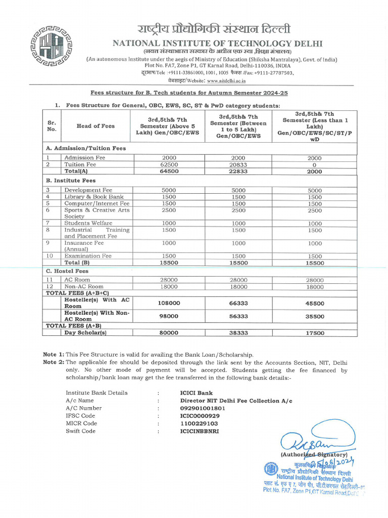 Fees Structure For B. Tech Students For Autumn Semester 2024-25-3rd 5th ...