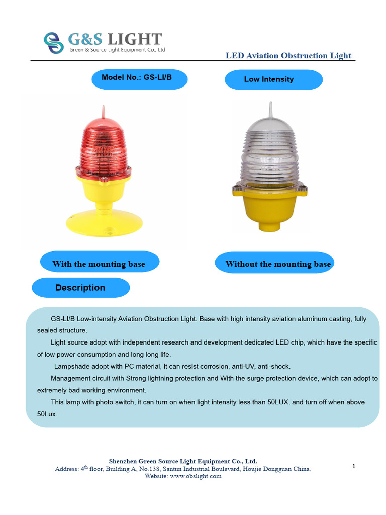 Low Intensity Model No.: GS-LI/B: LED Aviation Obstruction Light | PDF