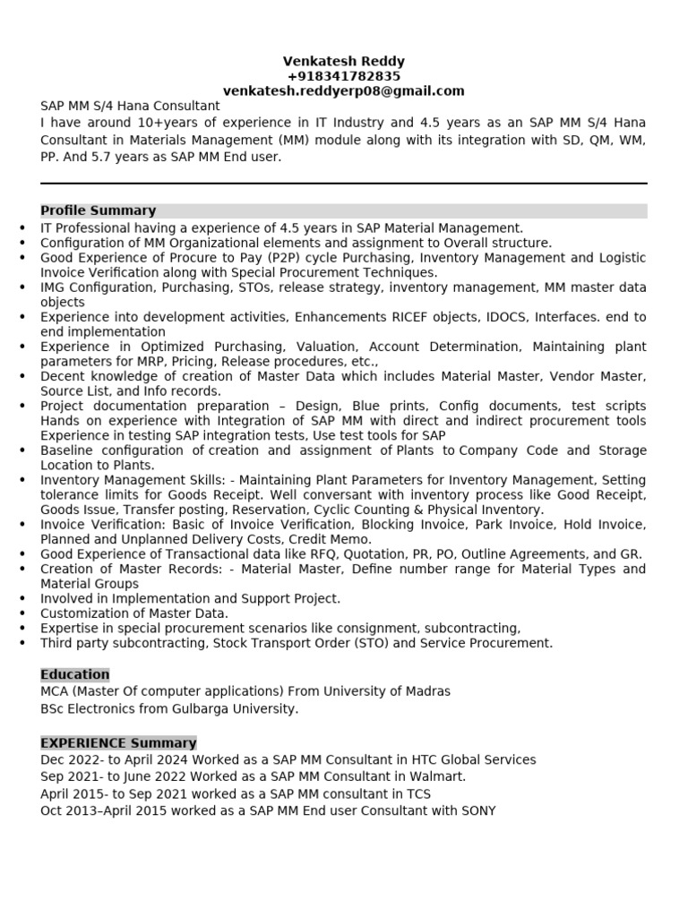 Venkatesh Reddy SAP MM S4 Hana Consultant | PDF