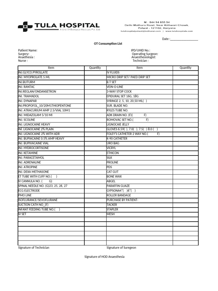 OT Consumption List | PDF