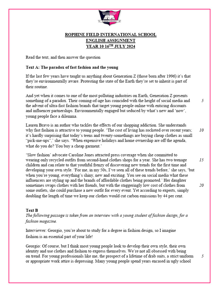 English Year 10 Holiday Homework | PDF