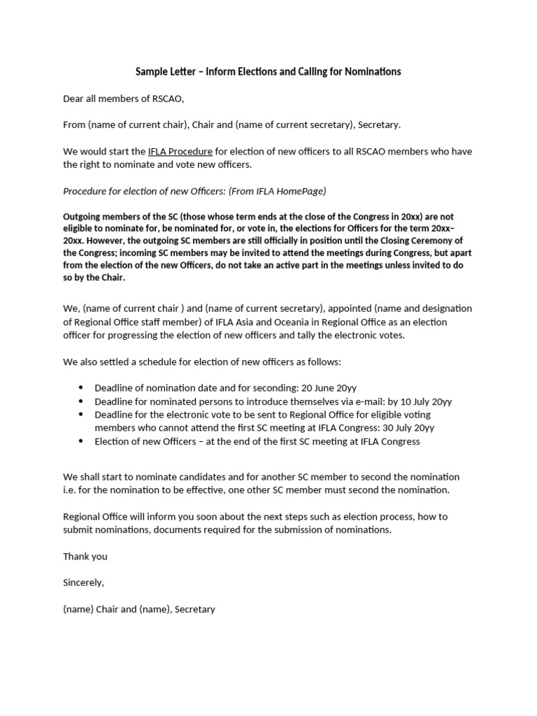 Sample Letter - Inform Elections and Calling For Nominations | PDF