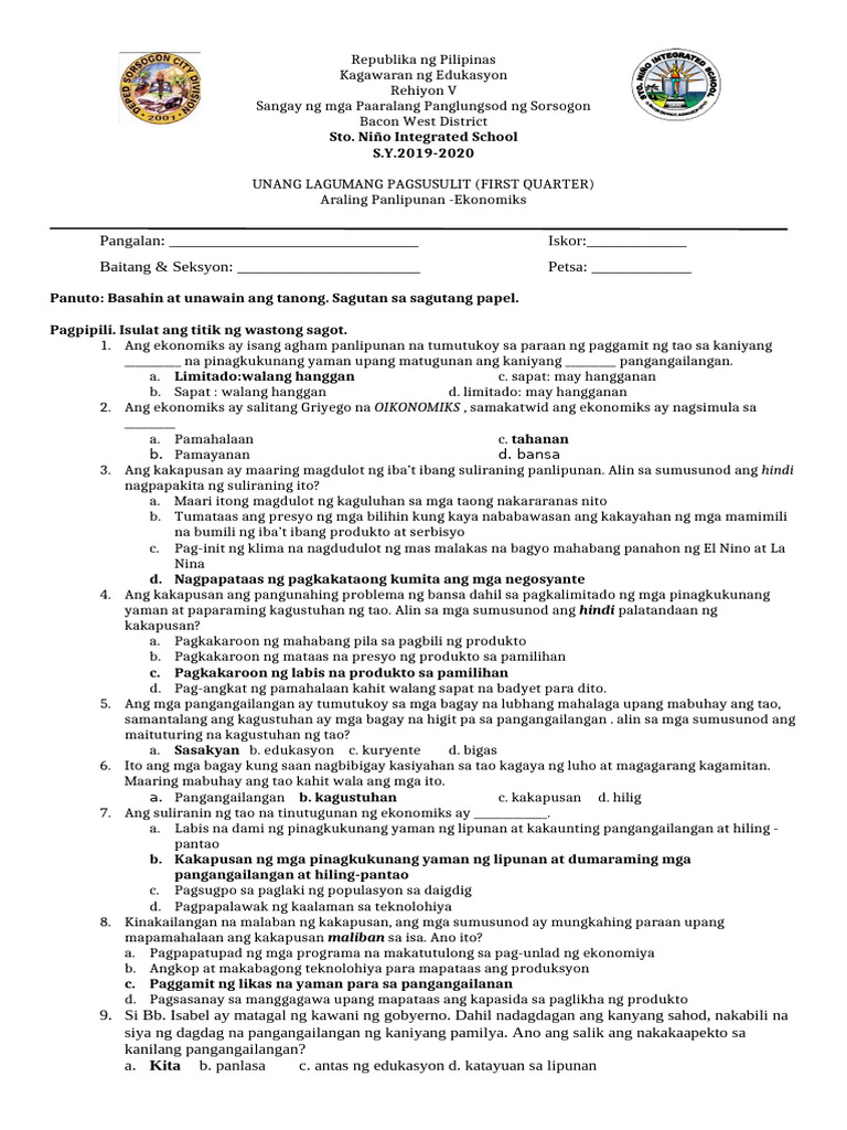 First Quarter 1st Lagumang Pagsusulit Sa AP 9 2019-20 | PDF