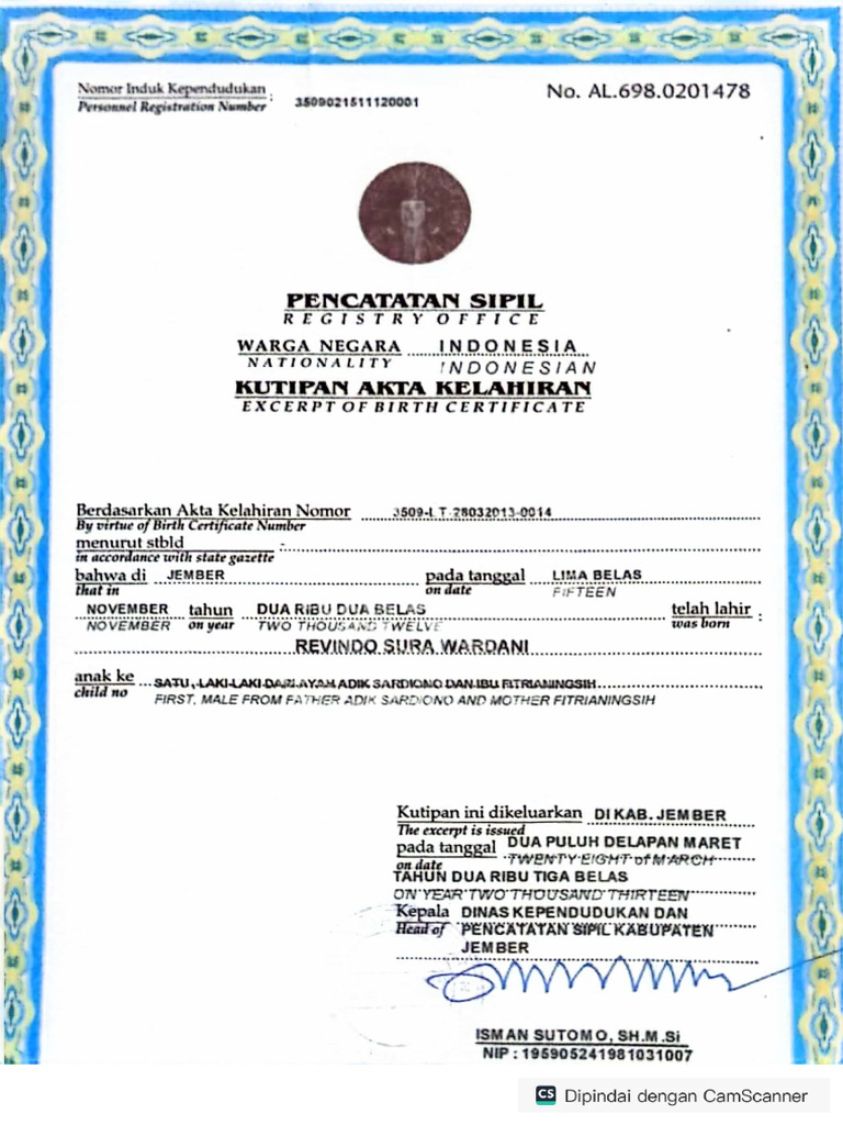 Akte & KK Kelahiran Revindo | PDF