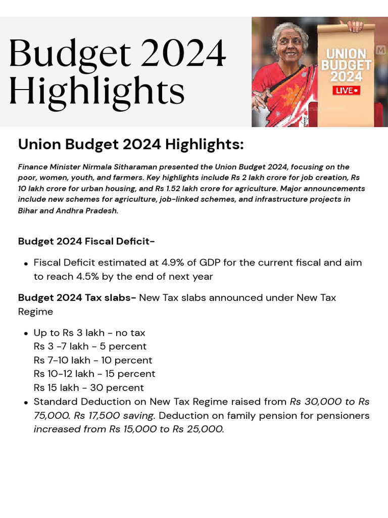 Union Budget Highlights 2024 1721798700 | PDF | Employment | Taxes