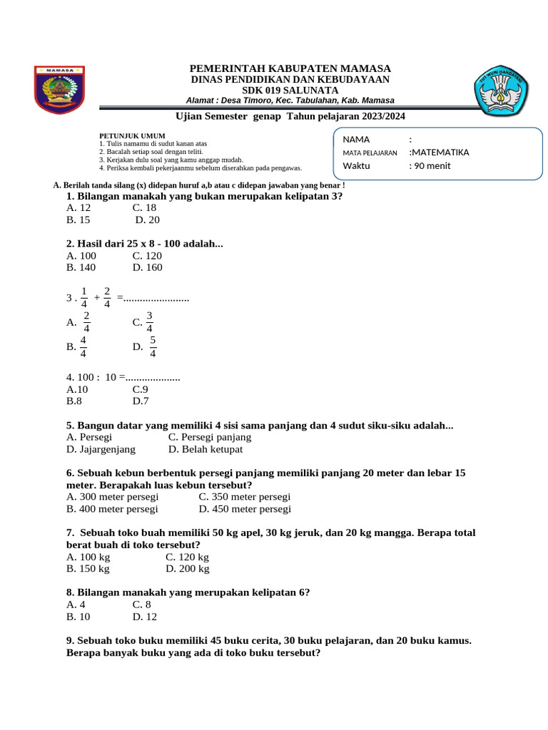 SOAL MATEMATIKA KLS 4 SEMESTER 2 2024 | PDF