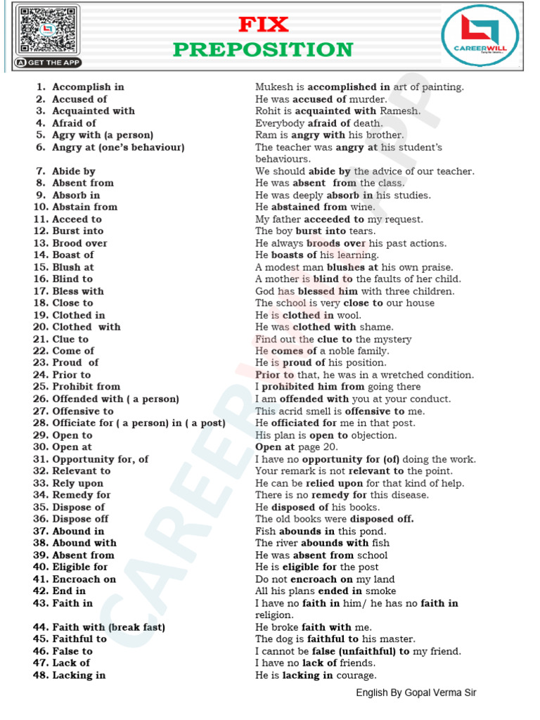 Fixed Preposition Handout | PDF