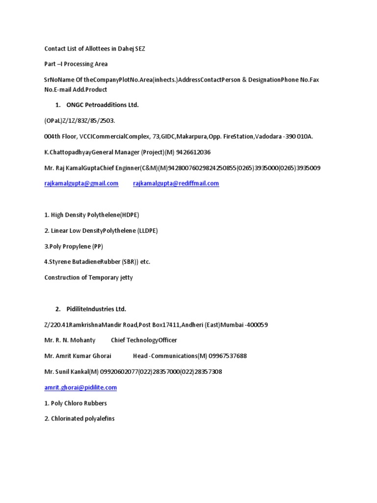 Dahej SEZ Company Contact List | PDF | Chemical Substances | Chemical ...