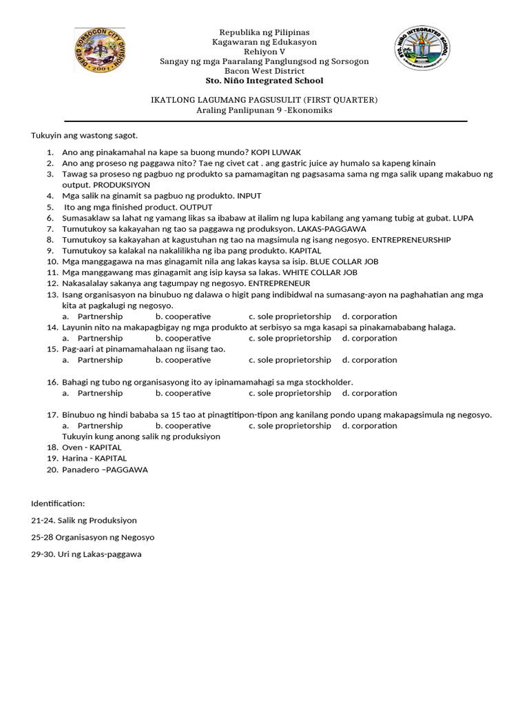 First Quarter 3rd Lagumang Pagsusulit Sa AP 9 2019-20 | PDF