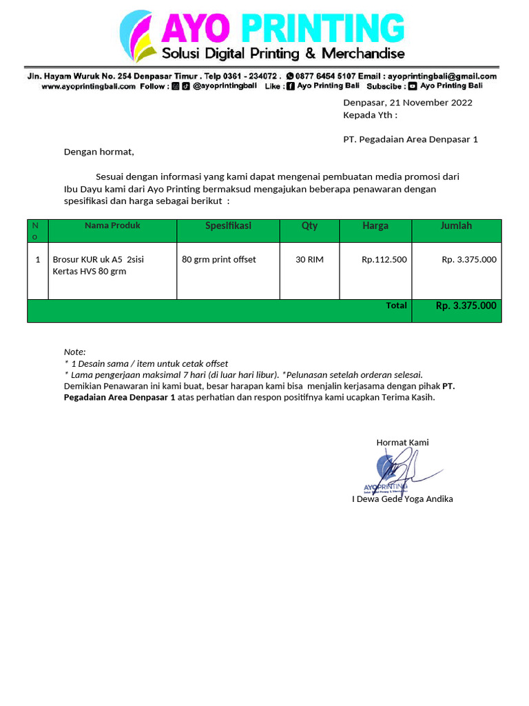 Penawaran Cetak Brosur Ayo Printing | PDF