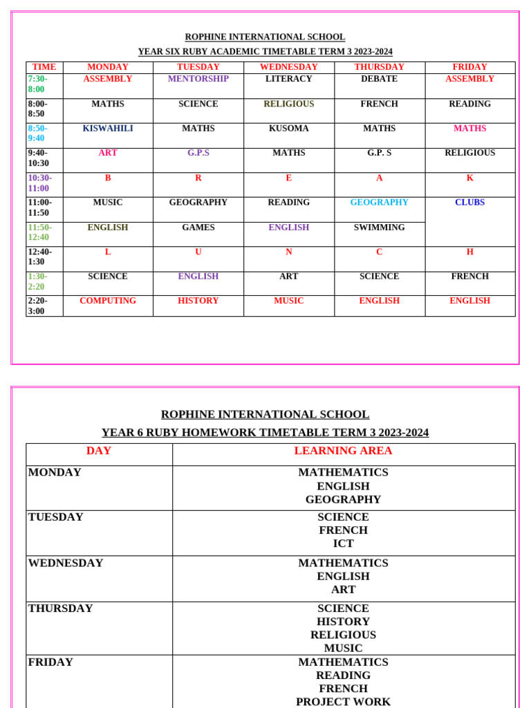 Year 6 Term 3 Class Timetable 2024 | PDF