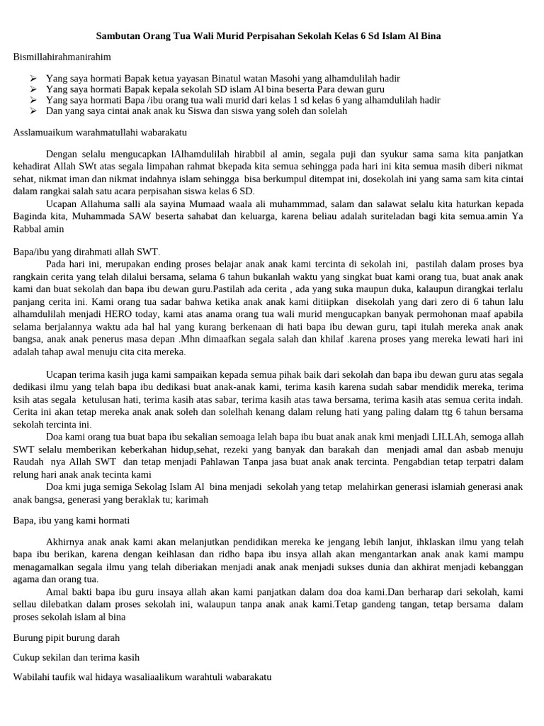 Sambutan Orang Tua Wali Murid Perpisahan Sekolah Kelas 6 Sd Islam Al