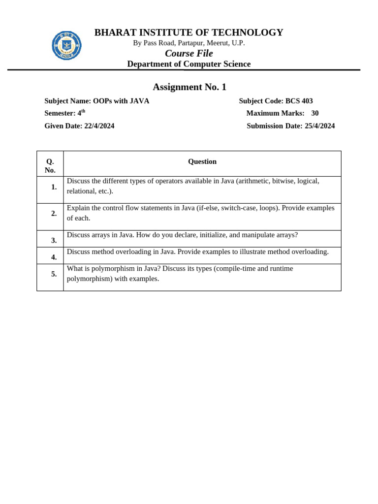 BCS 403 OOPS WITH JAVA Assignment 1 | PDF