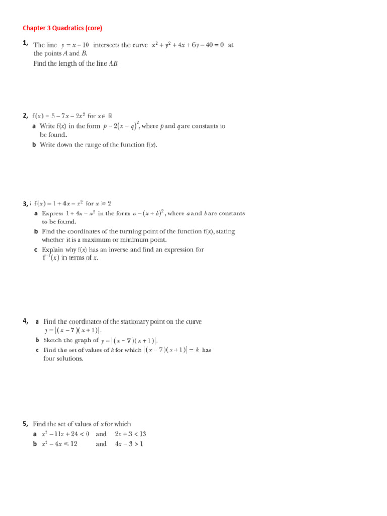 Chapter 3 Exercises of Quadratics (Core) | PDF