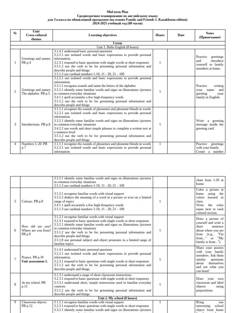 КТП 2024-2025 Family and Friends Gr3 | PDF