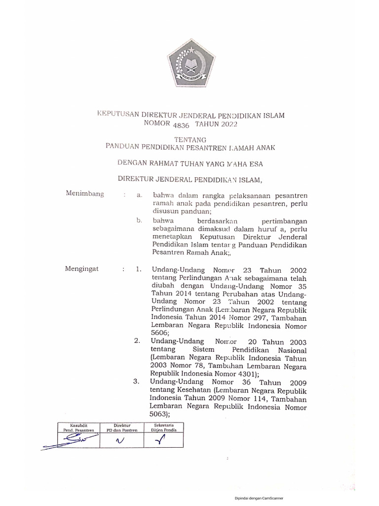 Kepdirjen Pendis - 2022 No. 4836 Tentang Panduan Pendidikan Pesantren Ramah Anak | PDF