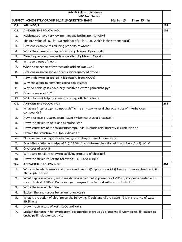Chemsitry GRP-16,17,18 Question Bank | PDF