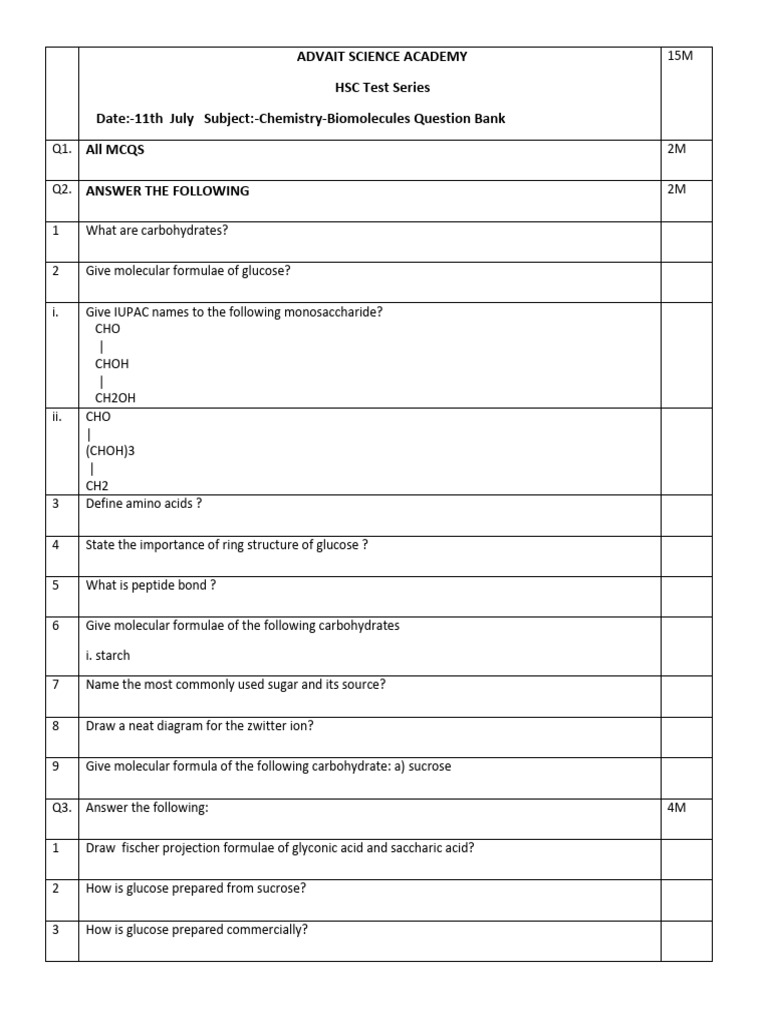 Chem- Biomolecules Question Bank | PDF