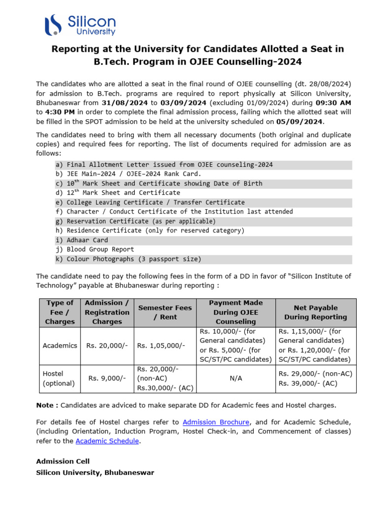 Revised Reporting of BTech Allotted in OJEE 2024 | PDF