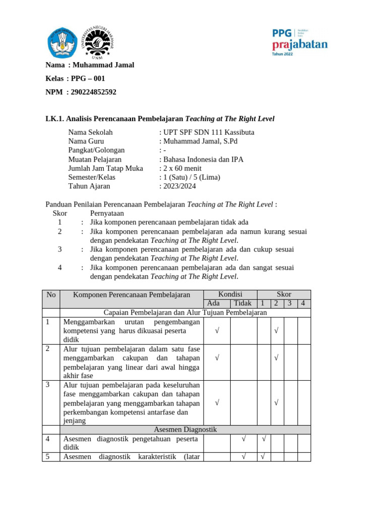 Topik 1. LK 1 Analisis Perencanaan Pembelajaran Teaching at The Right Level | PDF