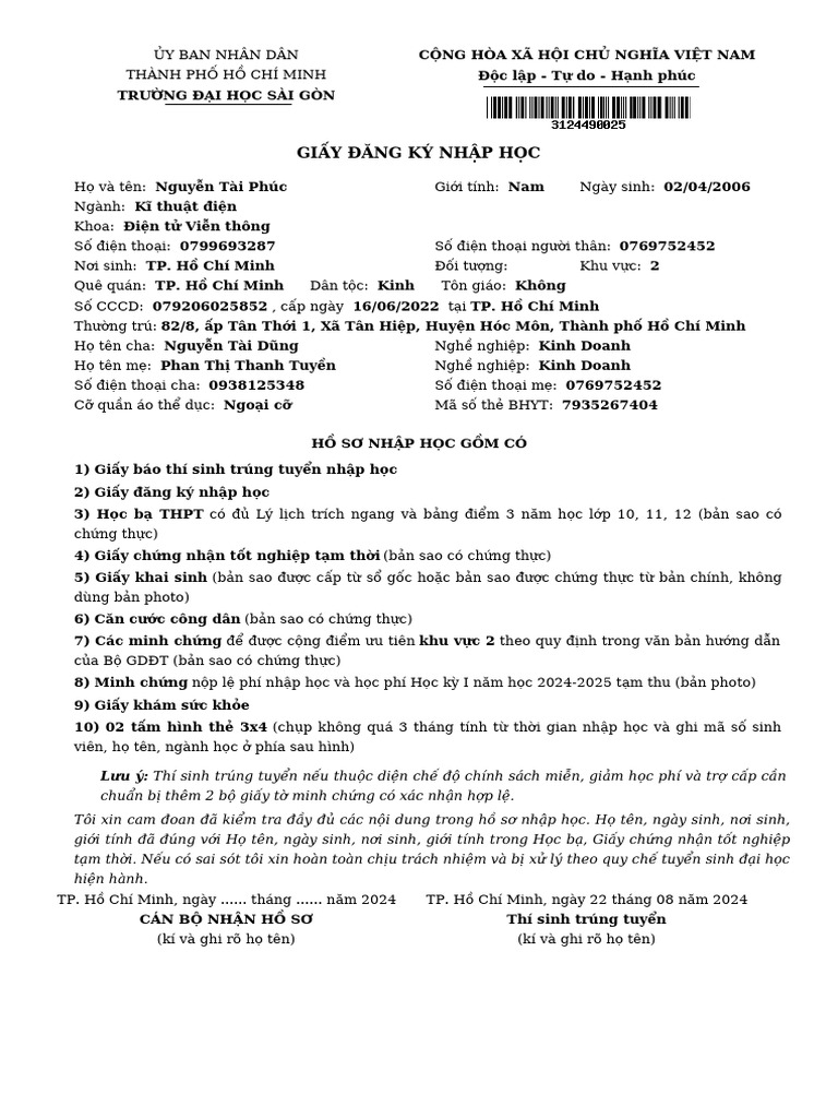 Giay Dang Ky Nhap Hoc | PDF