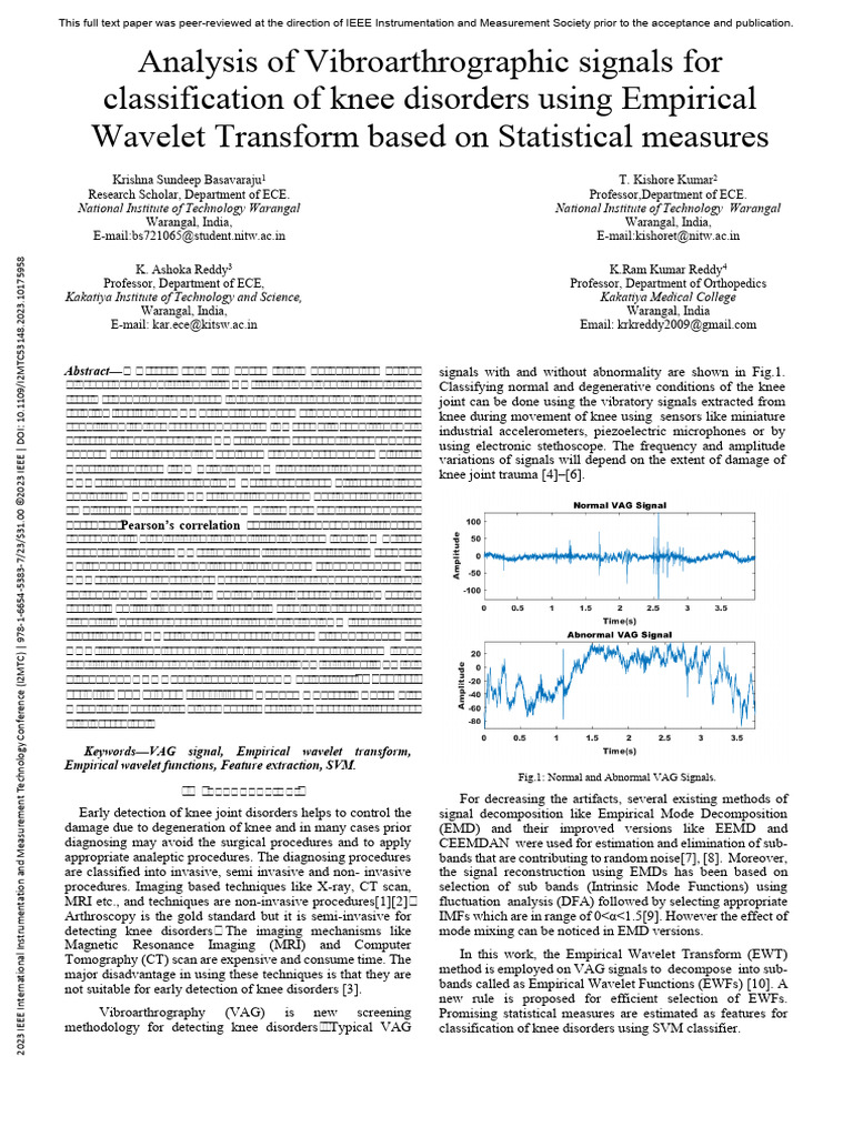 Analysis of Vibroarthrographic Signals For Classification of Knee Disorders Using Empirical ...