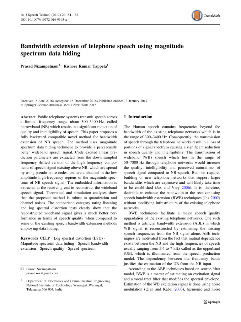 Bandwidth Extension of Telephone Speech Using Magnitude Spectrum Data Hiding | PDF