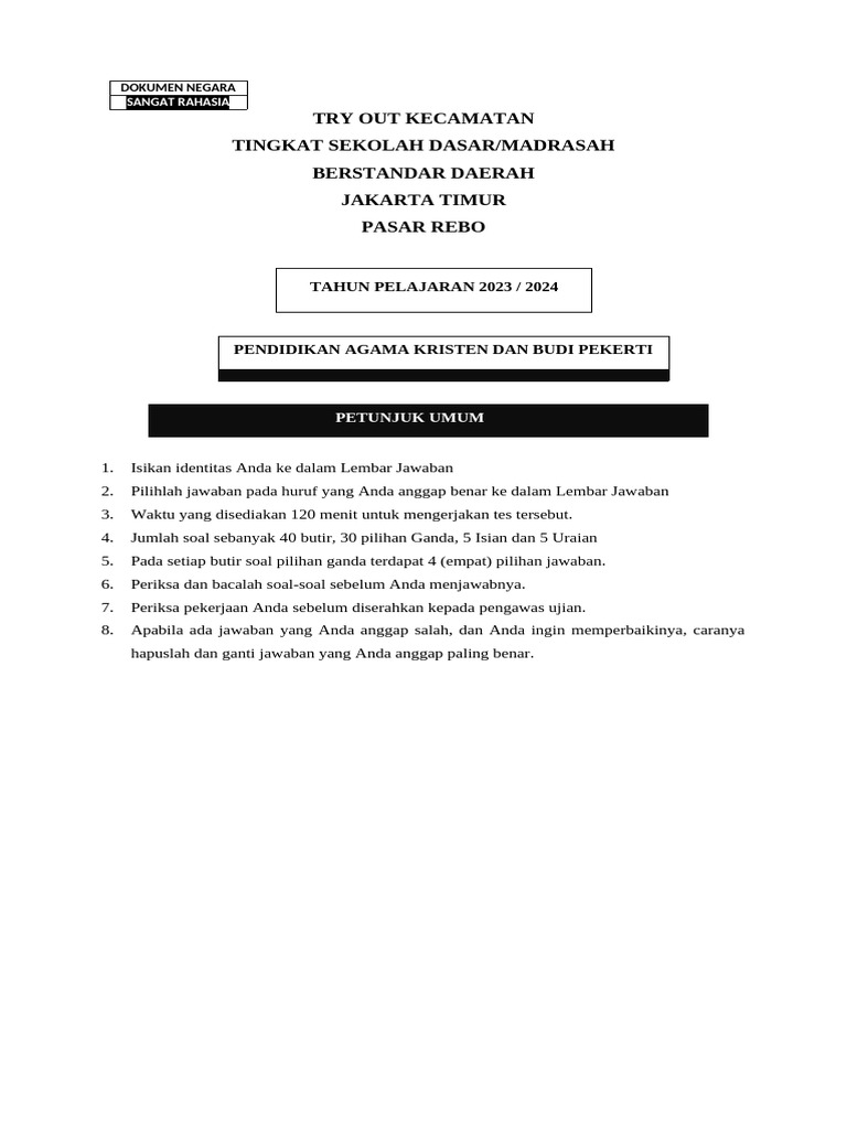 SOAL TRY OUT KECAMATAN_PAK.BP_2023-2024 | PDF