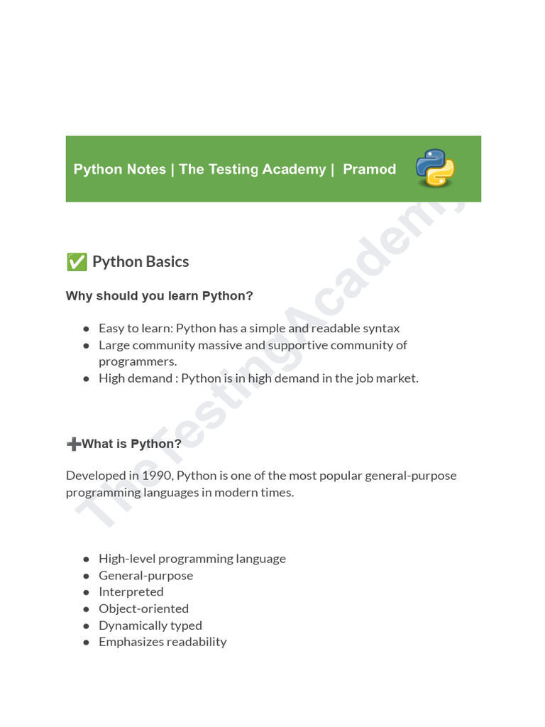 (Python Notes) - TheTestingAcademy - Pramod | PDF