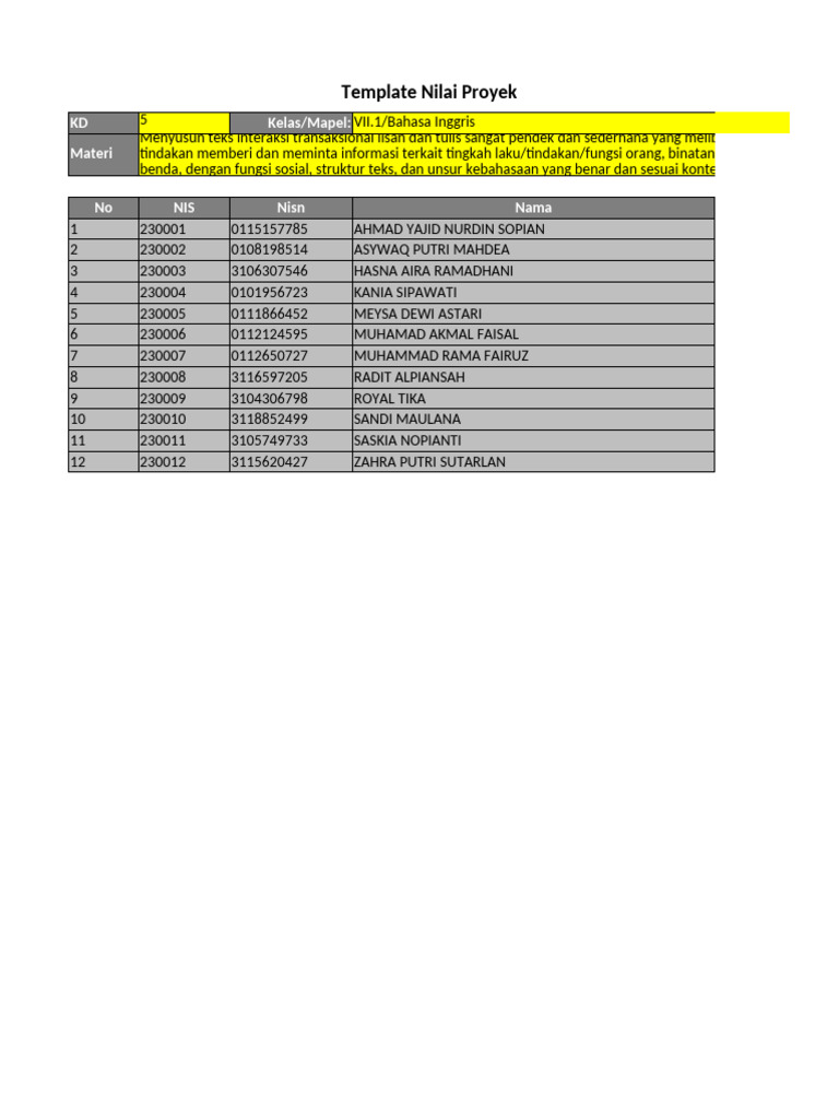 Template Nilai Proyek-VII.1-Bahasa Inggris | PDF