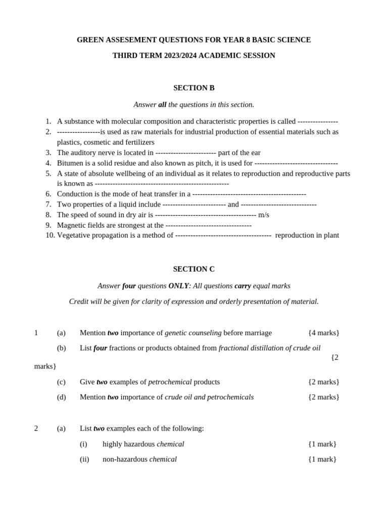 Green Assesement Questions For Year 8 Basic Science | PDF