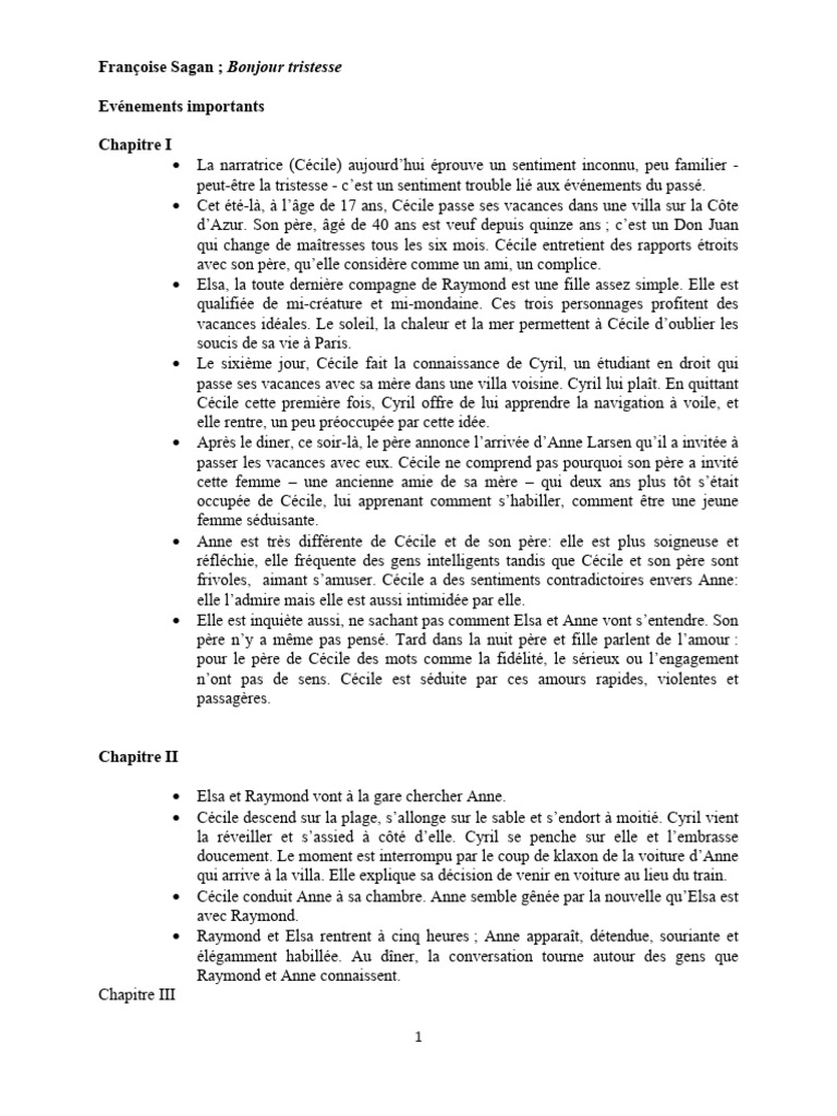 Bonjour Tristesse Résumé Des Événements | PDF