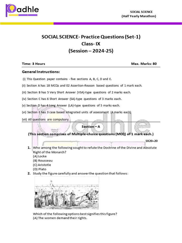SOCIAL SCIENCE - Class 9 - Sample Paper Set 1 | PDF