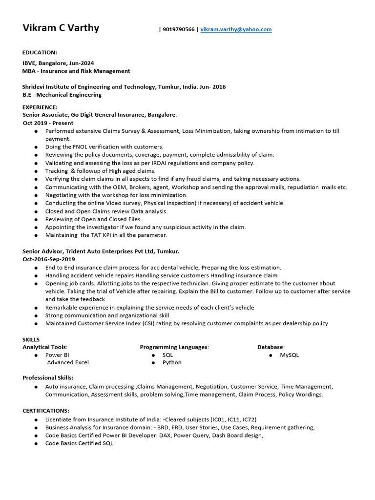 Resume Format For Insurance | PDF