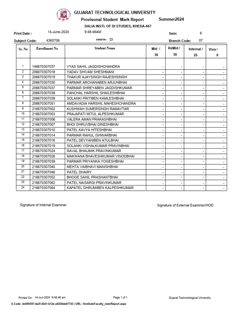 Gujarat Technological University Provisonal Student Mark Report Summer2024 | PDF