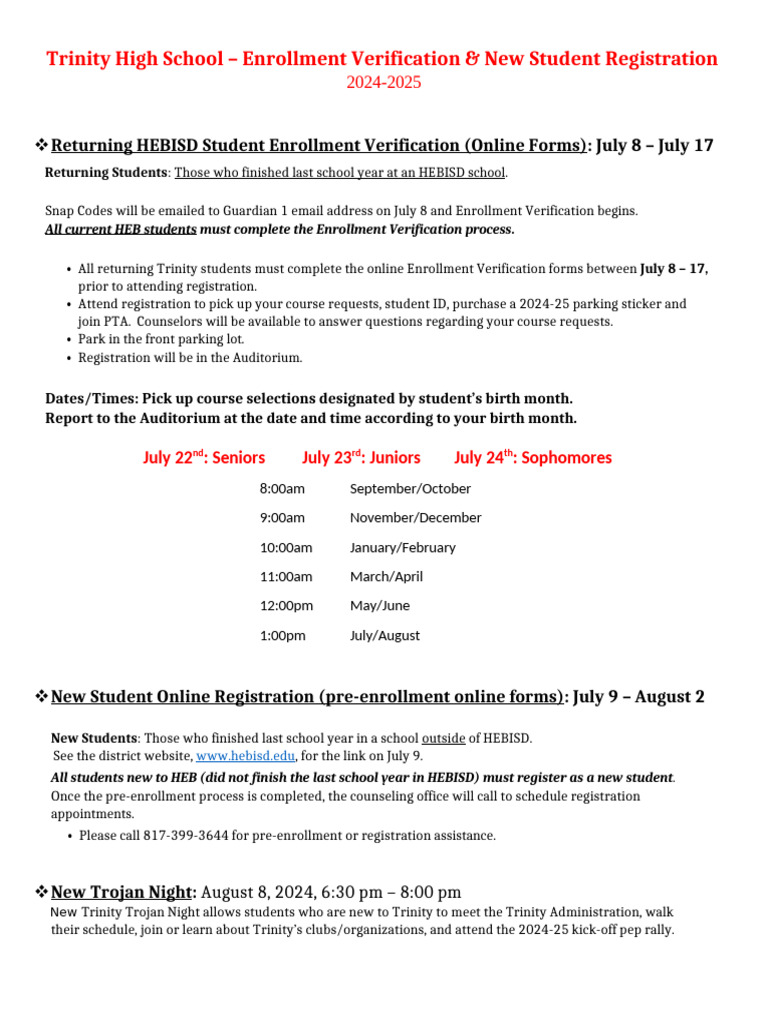 Enrollment Verification and New Student Registration Dates 2 | PDF
