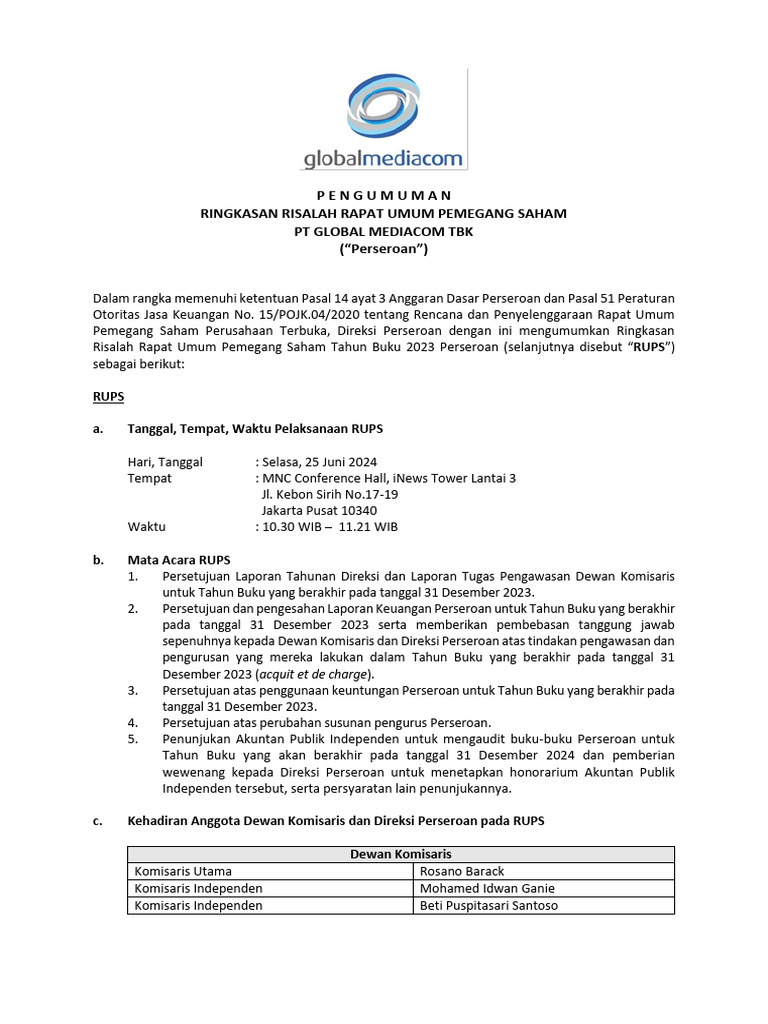 MCOM - Ringkasan Risalah RUPS | PDF