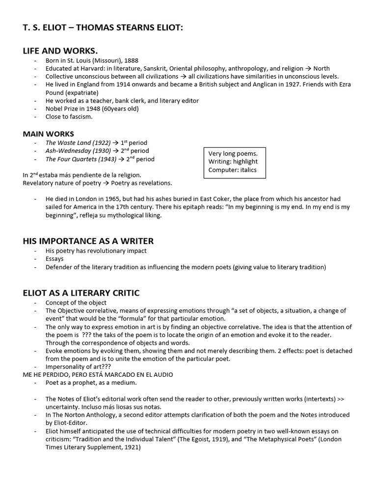 T. S. Eliot - Thomas Stearns Eliot: Life and Works | PDF